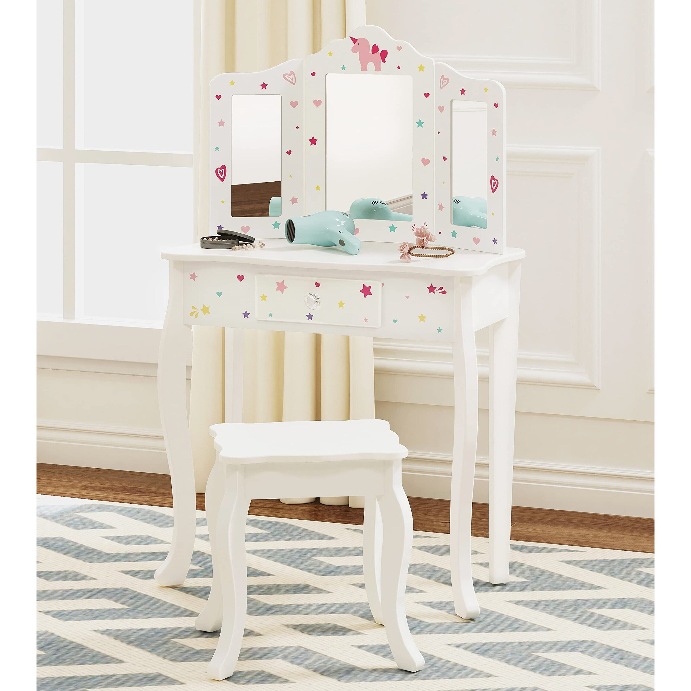 Pretend Play Kids Vanity Table and Chair Vanity Set with Mirror Makeup ...