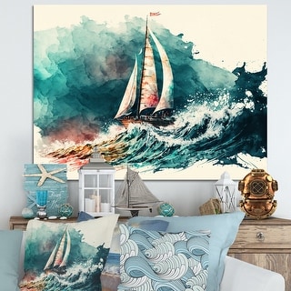 Designart "Watercolor Sailboat Cruising The Waves IV" Coastal Boat ...