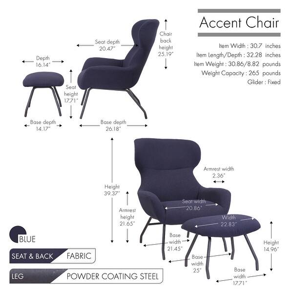 Porthos Home Autry Fabric Wingback Accent Chair and Ottoman Set with ...