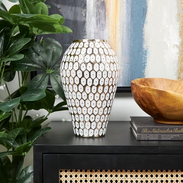 Gold Metal Geometric Dot Geometric Decorative Vase with White Accents ...