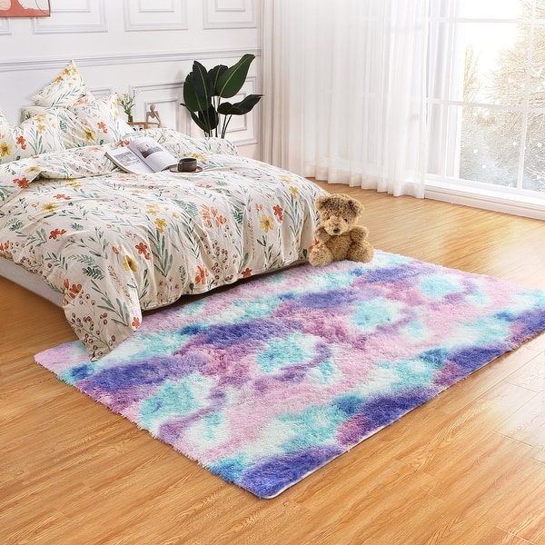 Fluffy Kids Rug for Girls Bedroom Carpets, Kawaii Colorful Tie Dye ...
