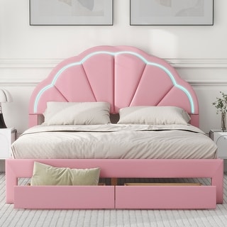 Queen Size Upholstered Platform Bed w/ Seashell Shaped Headboard, Wood ...