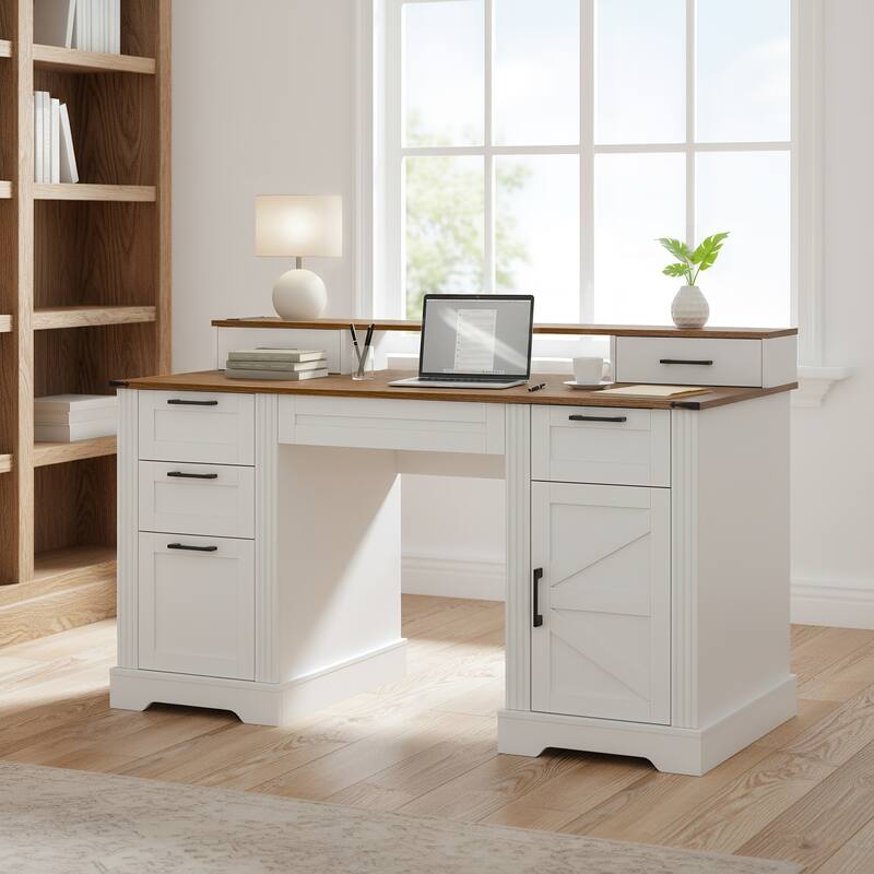 59" Executive Desk with Drawers, Farmhouse Home Office Desk Wood ...