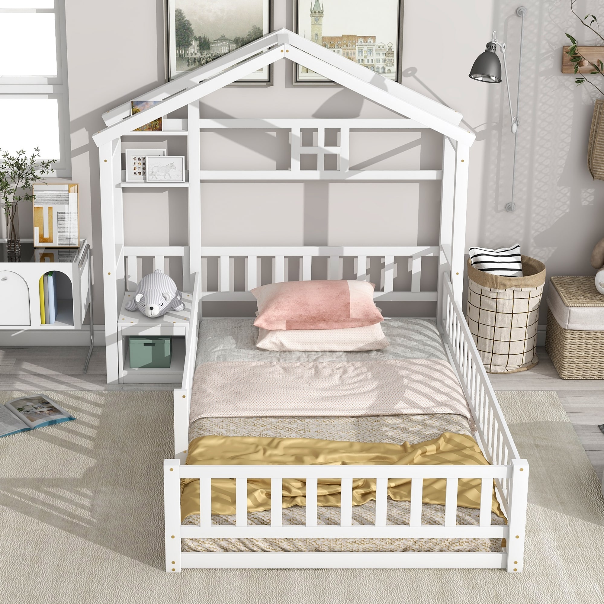 House Bed for Kids, Wooden Floor Bed Frame with House Roof Frame ...