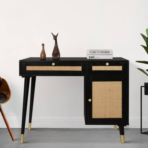 Farmhouse Rattan Computer Writing Desk - Black/Gold - 39.4" - 2 Drawers ...