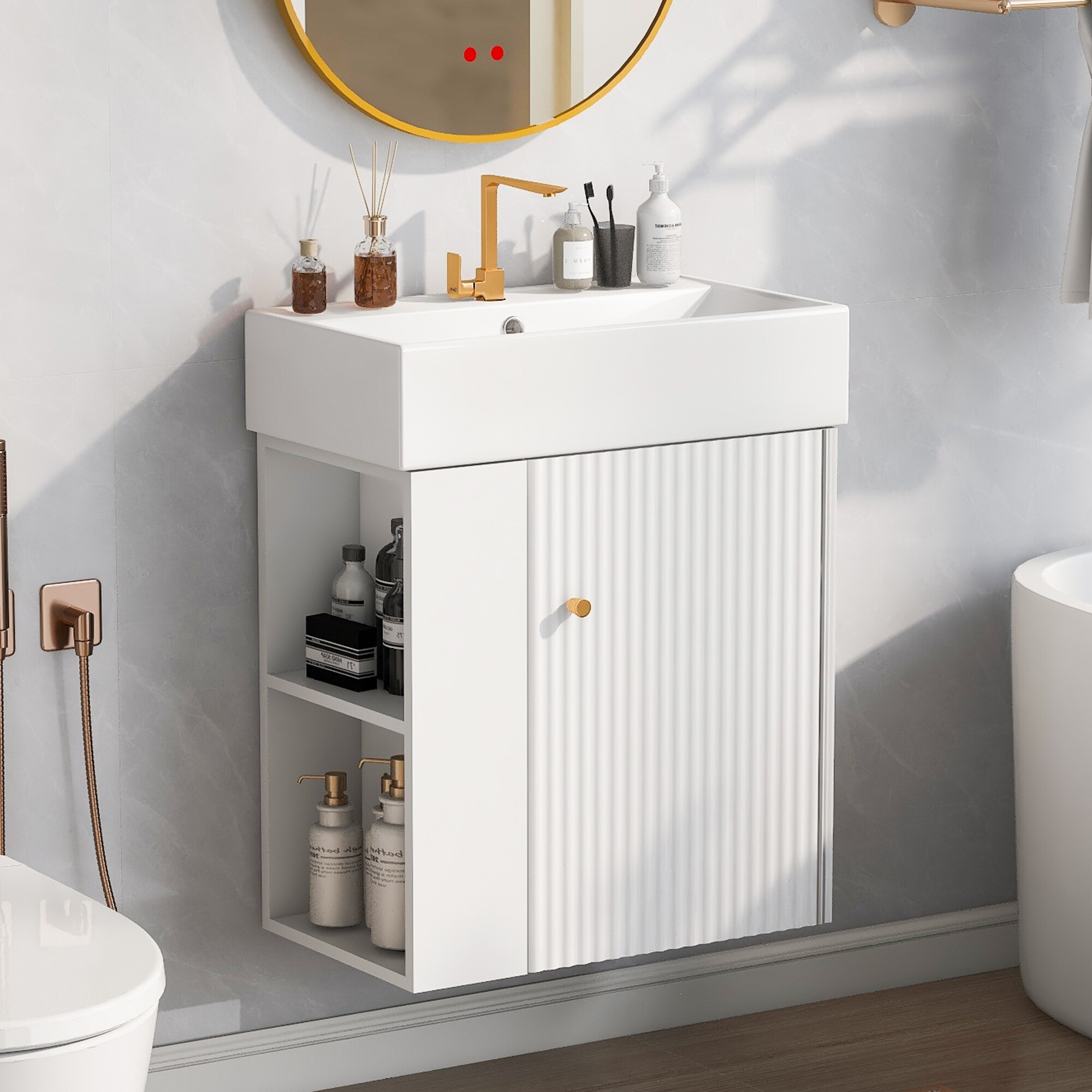 21.6inch Modern Floating Bathroom Vanity with Ceramic Basin for Small Bathrooms Right Left Side Storage Cream