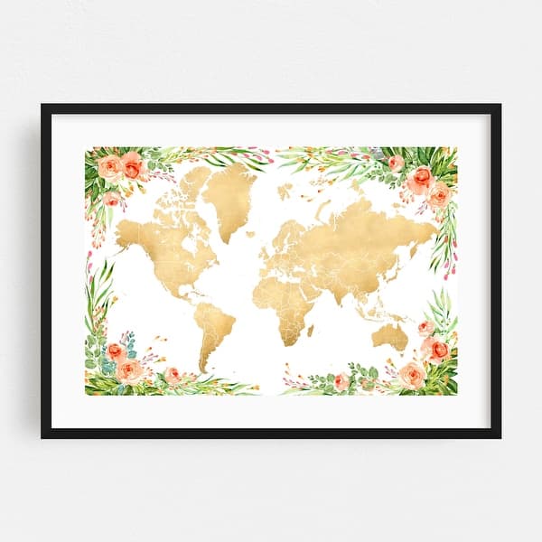 Floral and gold boho world map Blythe Maps Bohemian Art Print/Poster ...