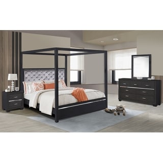 Canopy Glam Queen Bedroom Set with Tufted Headboard & LED Lights - Bed ...