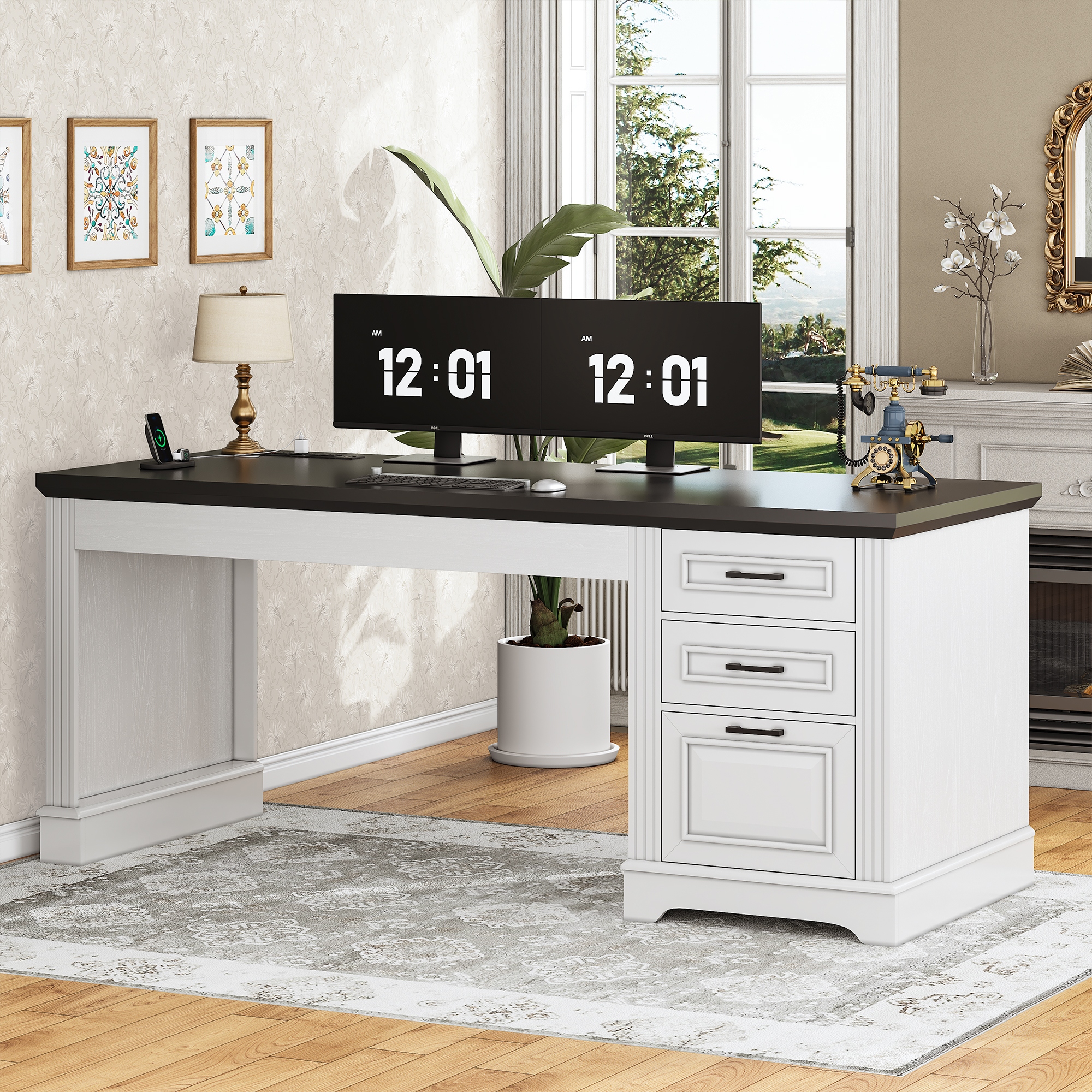 SEDETA Computer Desk 55 Inch Executive Desk with 3 Drawers and Power Outlet White Engineered Wood Farmhouse