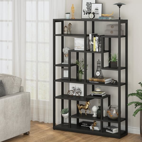 Black Bookshelf 47” Bookcase 9 Tier Tall Book Shelf Rustic Display ...