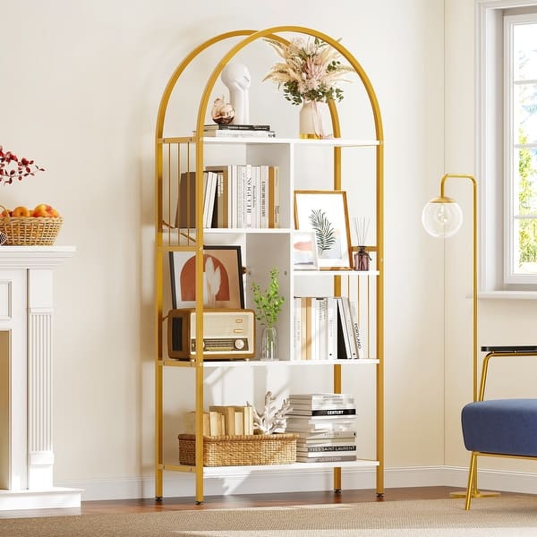 5-Tier Arched Bookshelf and Bookcase Gold Frame for Bedroom Living Room ...