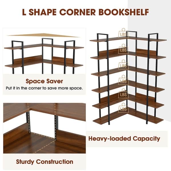 6-tier L-shape Bookshelf with Metal Frame and Adjustable Foot Pads ...