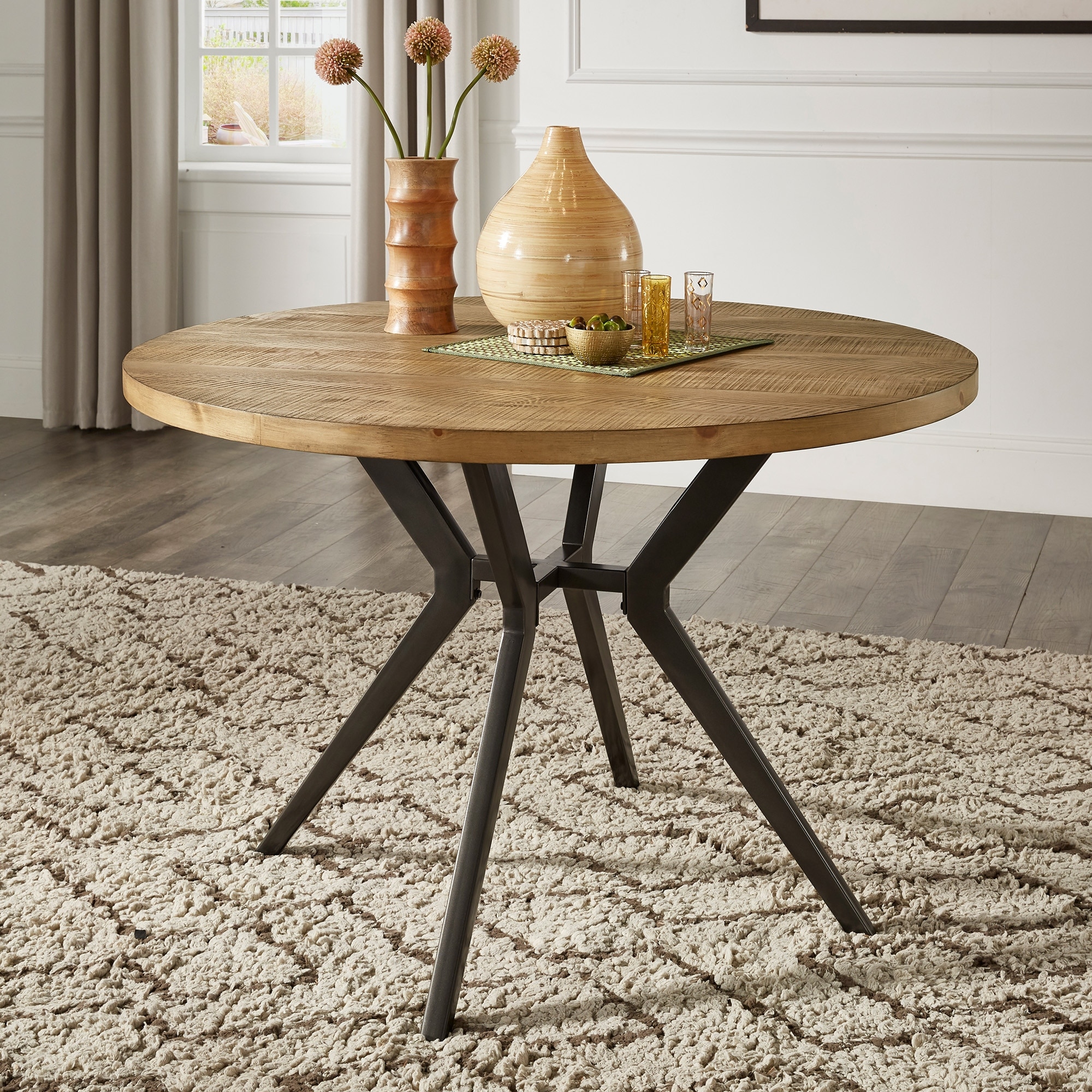 Calem Wood Finish and Iron Grey Metal Base 45" Round Dining Table by ...