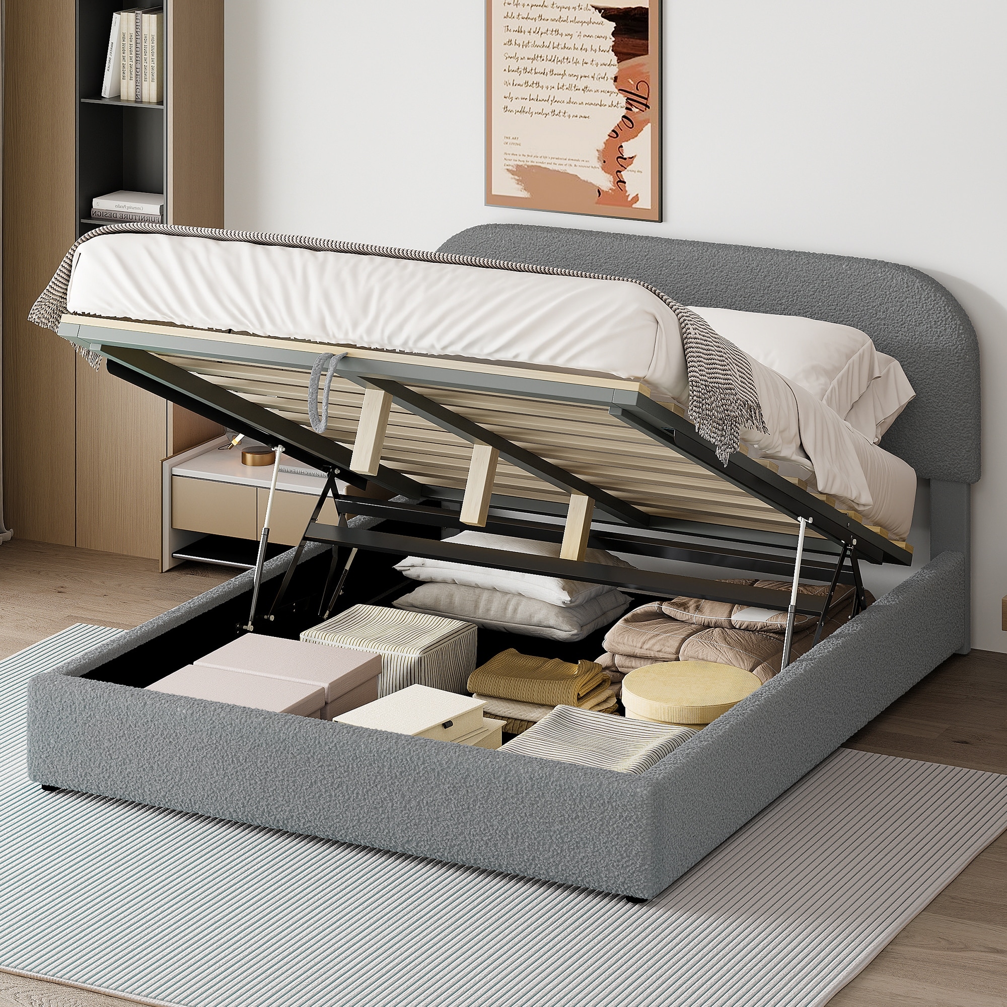 Queen Size Lift Up Platform Bed with Hydraulic Storage Frame Gray Teddy Fleece Grounding Storage Bed Upholstered Headboard