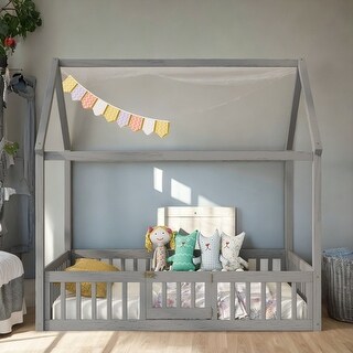 Full Size Wooden Bed with Safety Fence, House-shaped Bed with Door ...