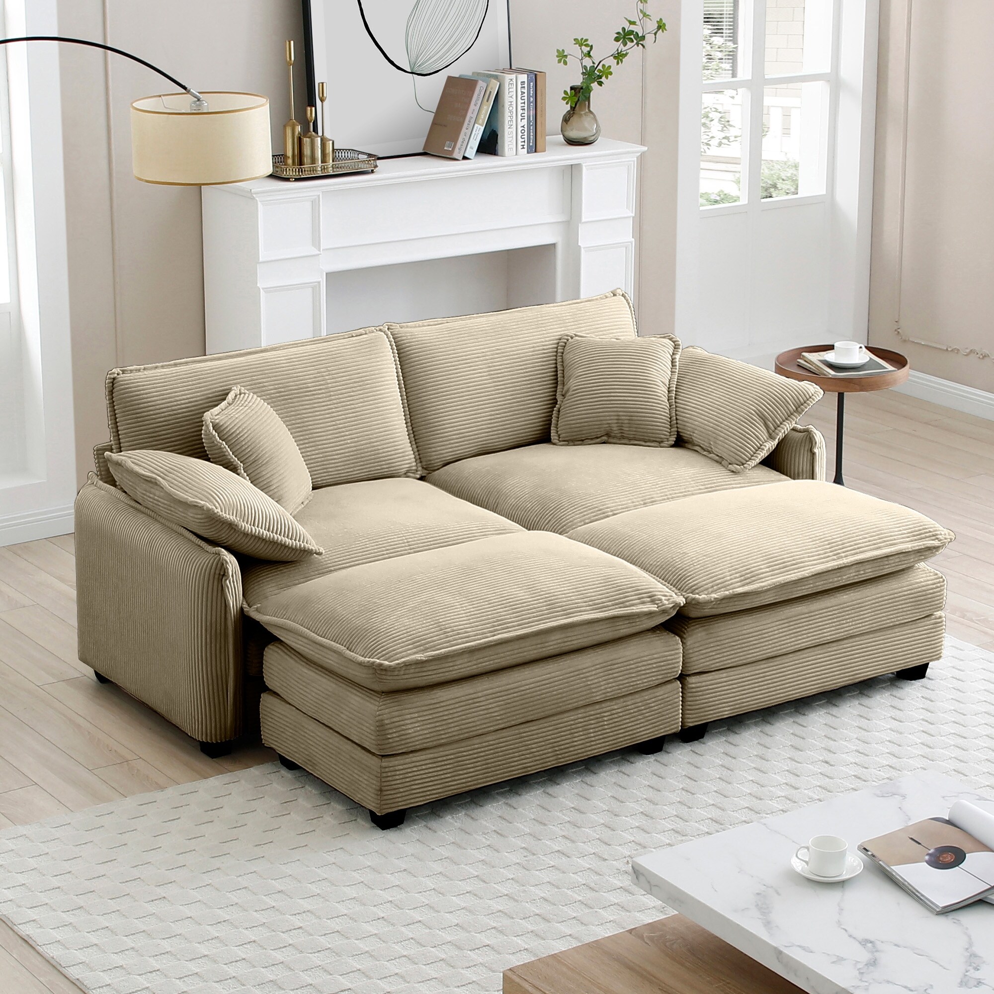 Industrial Modern Two Seater Theater Sofa with 2 Footrest 2 Seater Sofa with Ottoman for Small Living Spaces Tan