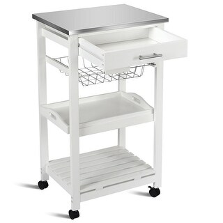 White Kitchen Cart with Storage Drawer and Stainless Steel Top - 18.5 ...