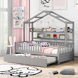 Wooden Twin House Bed with Trundle & Racks - Bed Bath & Beyond - 40219769