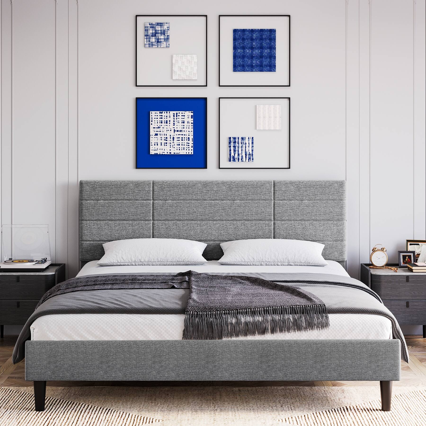 Grey Upholstered Queen Platform Bed with Bricks Stripe Headboard, Non ...