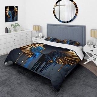 Designart "Blue And Gold Angel Wings III" Blue Glam - Bedding Set With ...