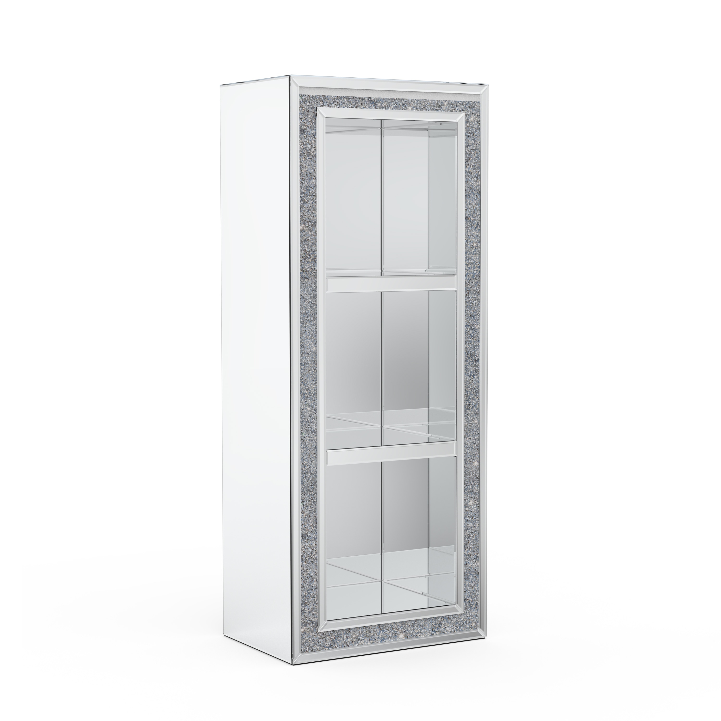 3 Shelves Accent Display Cabinet with Door Crushed Crystals Inlay Silver