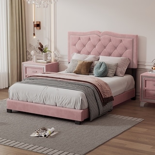 Pink Plush Velvet Bed Rivets Ripple Frame - Full Tufted Bed - Bed Bath ...