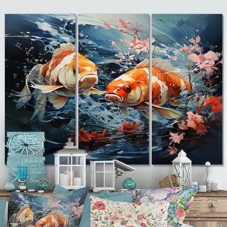 Designart "China Art Glimpse Fish I" Chinese Canvas Wall Art Set - Bed ...