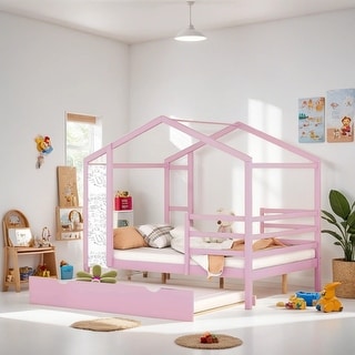 Full Size Wood House Bed with Fence and Writing Board, Pink - Bed Bath ...