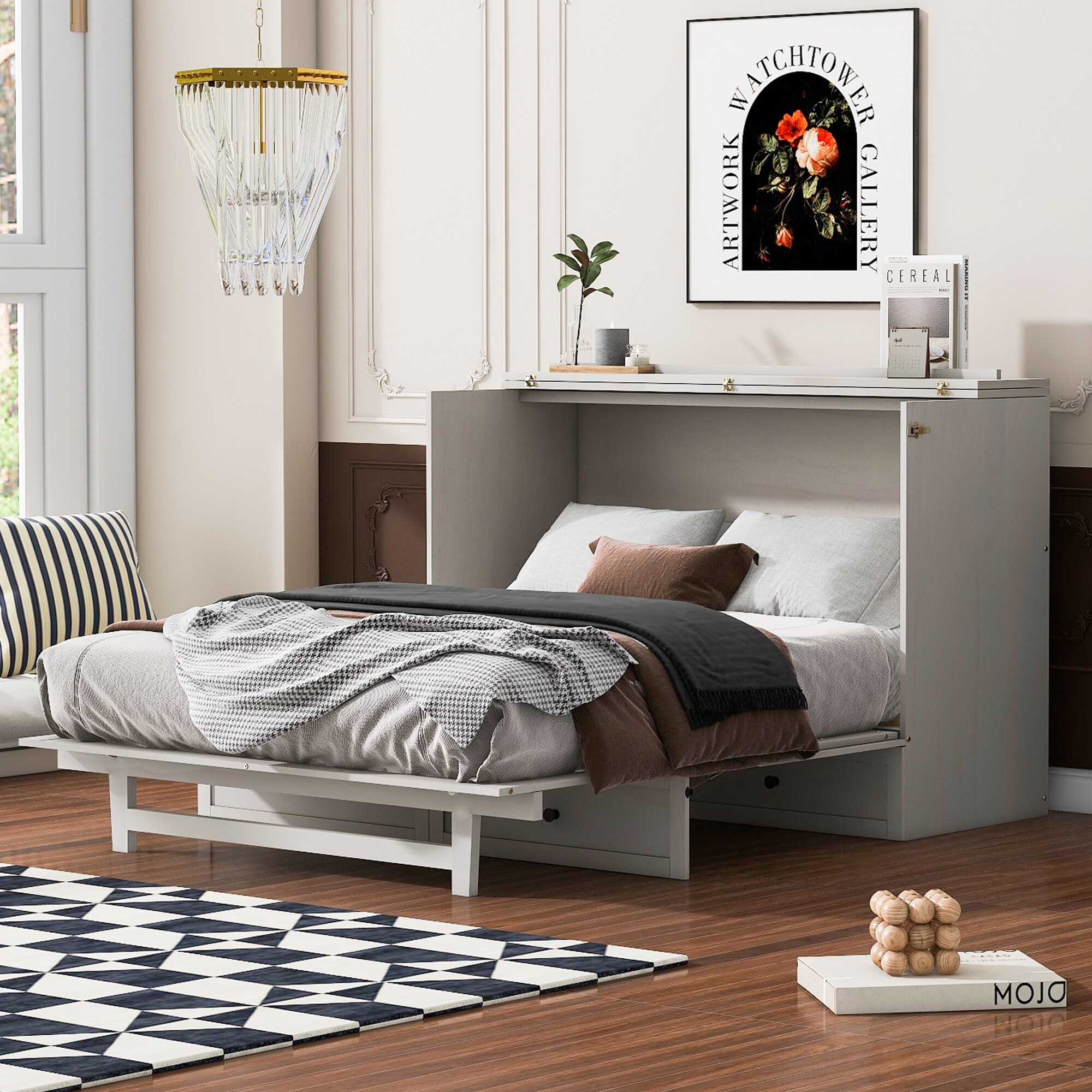 Versatile Wooden Murphy Bed with Drawers Queen Size Folding Bed Convertible Cabinet Bed Frame with USB Ports for Bedroom