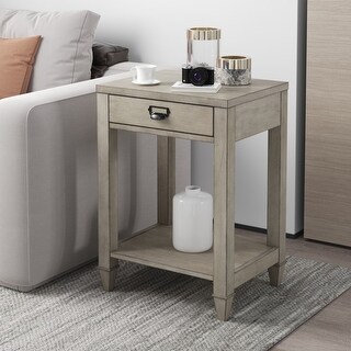 American 2 Tier solid wood square side table with drawer (Antique Gray ...