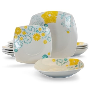Gibson Home Summer Floral 12pc Ceramic Dinnerware Set- Soft Square ...