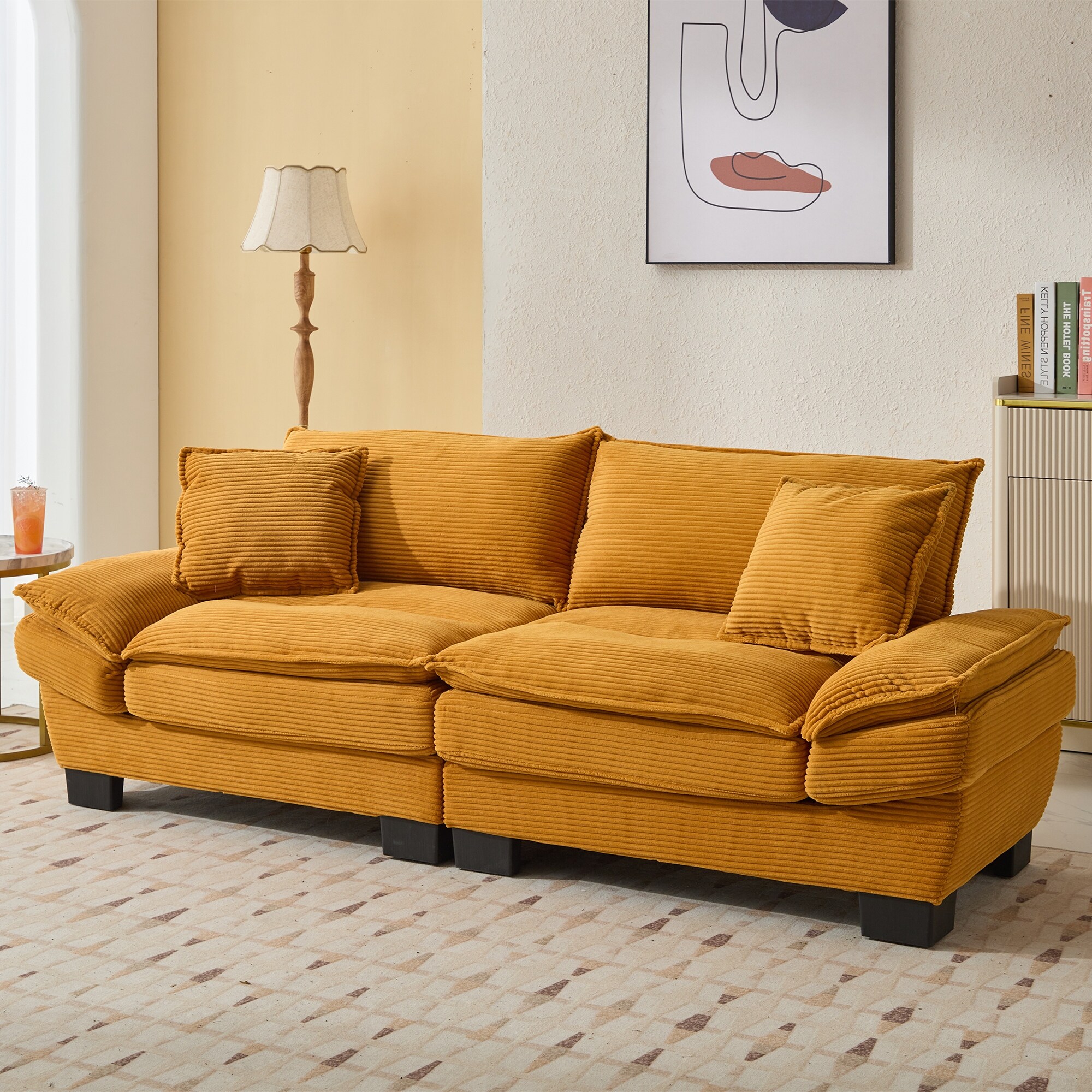Loveseat Sofa Corduroy Upholstered Yellow Deep Seat Sofa with Pillow On Sale Bed Bath Beyond 41421605