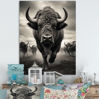 Designart "Grey Buffalo Grazing Giants" Animals Bison Canvas Print ...