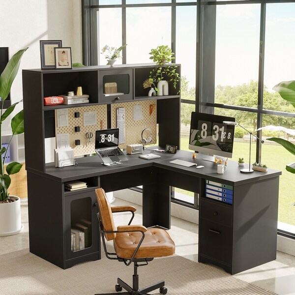 Corner computer desk with file cabinet store