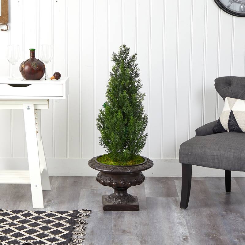 3.5ft Mini Cedar Artificial Pine Tree in Iron Colored Urn with UV ...