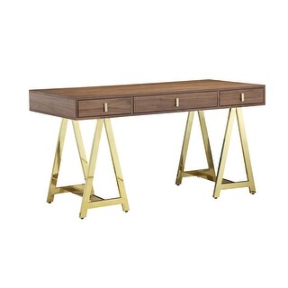 Ile 55 Inch Desk with 3 Storage Drawers, Brown Wood Veneer, Gold Metal ...