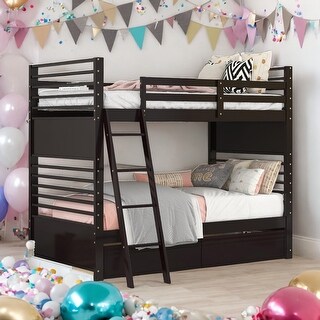 Modren Twin over Twin Wood Bunk Bed With Two Drawers and Solid Wood For ...