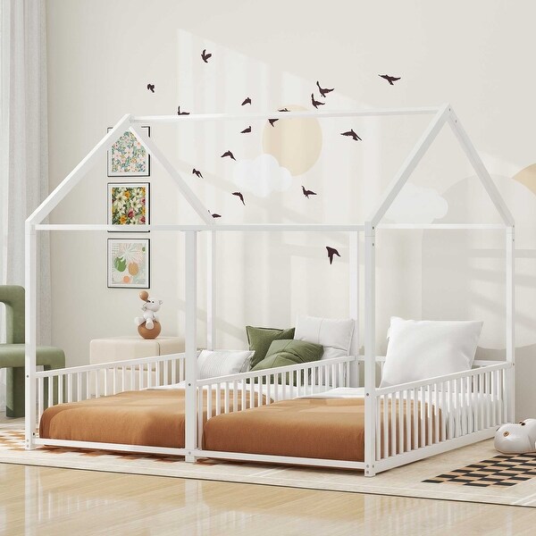 Kids House Bed Twin Montessori Floor Bed with Rails Metal Double Platform Bed Frame for Girls Boys 2 Shared Beds Antique White Bed Bath Beyond 40262941
