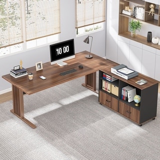 88.9" Modern Walnut 360° Rotating L Shaped Desk with 1 Cabinet and Open ...