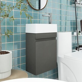 Single Sink Narrow Floating Bath Vanity in Gray with White Solid ...