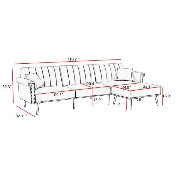 L-shape Folding Futon Sectional Sofa with Ottoman and Nailhead Trim ...