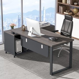 Executive Desk, Curved Computer Desk, Writing Desk with 1 Cabinet and 3 ...