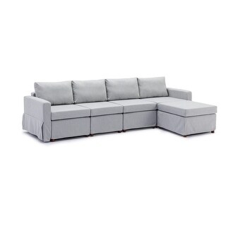 4 Seat Module Sofa Set L-shape Linen Couch w/ Ottoman, LIGHT GREY - Bed ...