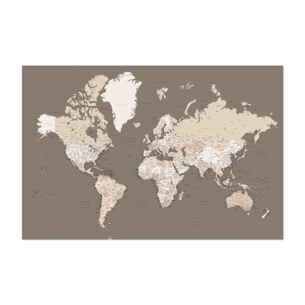 Brown and cream detailed world map wtih cities Maps Art Print/Poster ...