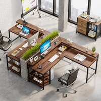 L Shaped Desk with Monitor Shelf & Power Outlets, Office Desk with ...