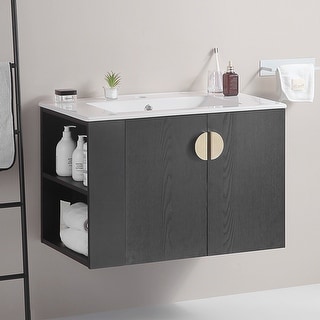 30" Stylish Left Open Storage Shelf Bathroom Vanity with Sink, Solid ...
