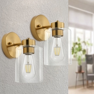 Gold Wall Sconce Set of 2, Bathroom Vanity Light Fixture with Cylinder ...