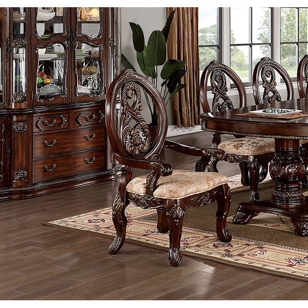 Traditional Brown Cherry 2pcs Arm Chairs Tan Fabric Seats w Welt Faux ...
