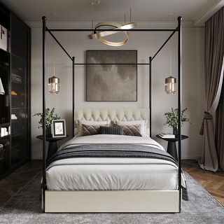 Clayfell Harlan Queen Upholstered Metal Storage Canopy Bed, Beige - Bed ...
