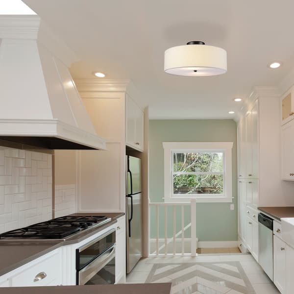 2-Light Dark Bronze Flush Mount Ceiling Light, White Linen Shade - 15.9 ...